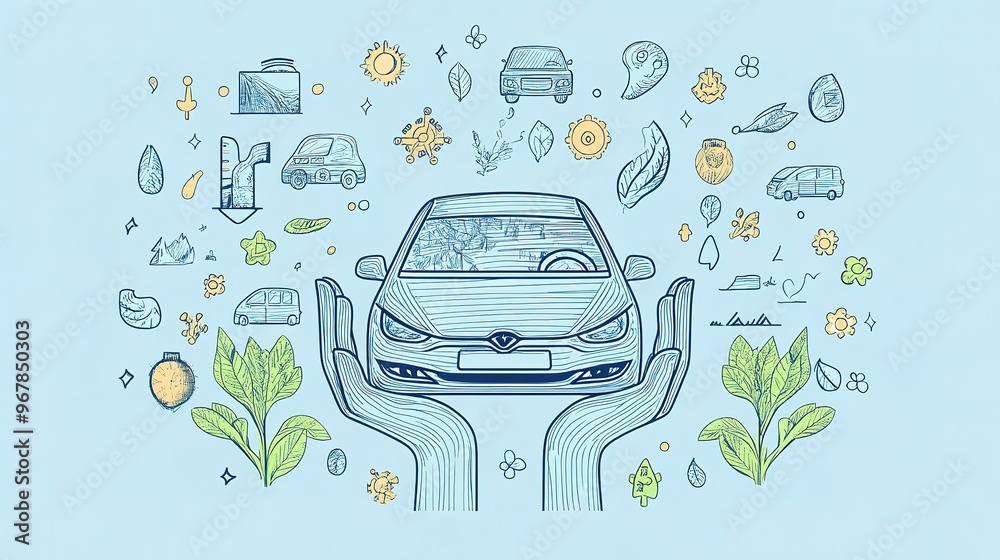 Sustainable transportation and electric vehicles usage outline hands concept. EV as ...