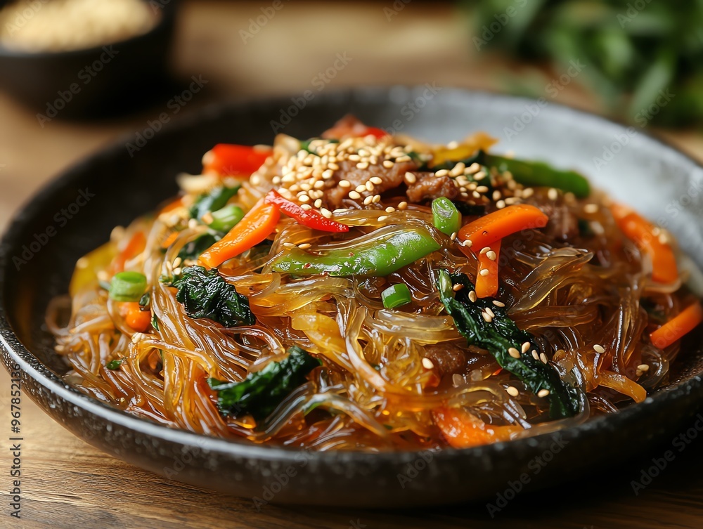 Vibrant plate of japchae with glass noodles and vegetables, Korean food ...