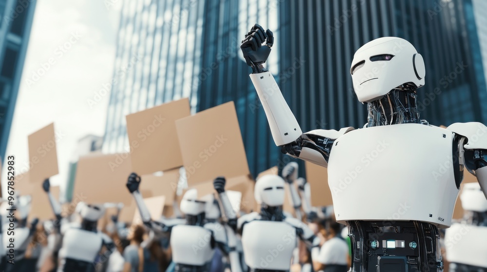 Robot Revolution: A futuristic city scene depicting a protest led by ...