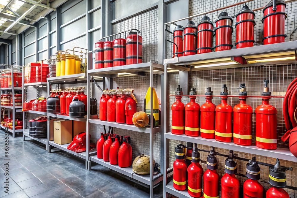 Rack of fire extinguishers and safety gear, including helmets, gloves ...