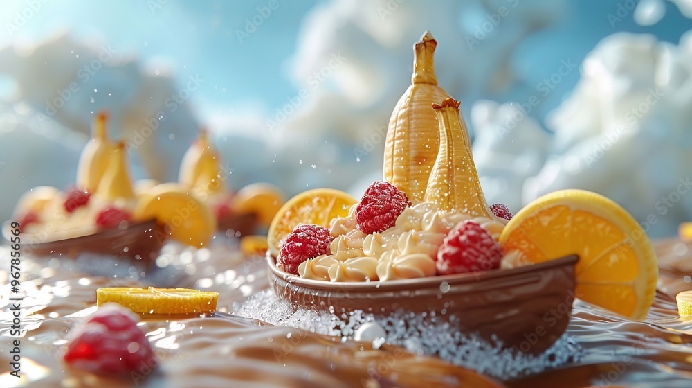 Illustrate a whimsical banana split boat sailing on a chocolate river ...