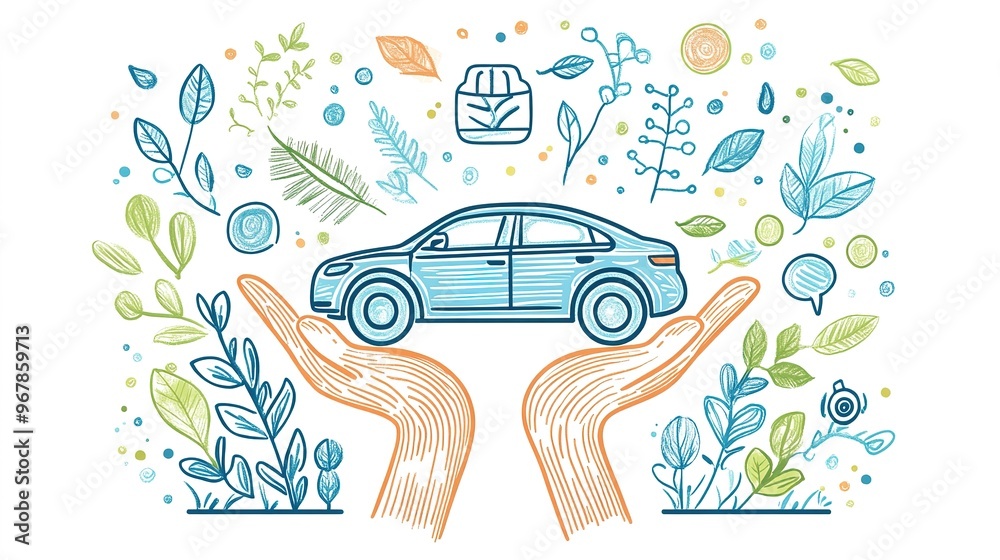 Sustainable transportation and electric vehicles usage outline hands concept. EV as ...