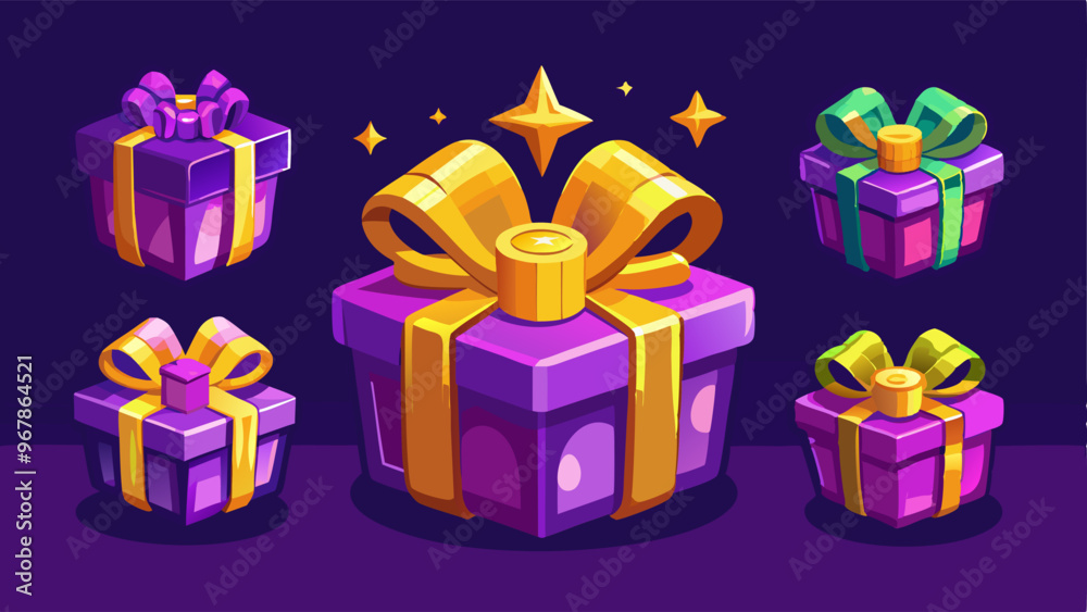 Game ui icons of gift boxes. Present packages, purple wrap with gold ...