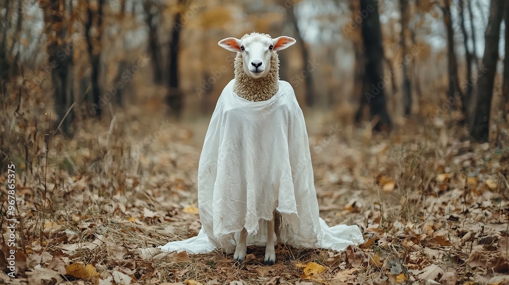 Sheep dressed as a ghost with a flowing white sheet, ghost sheep, farm ...