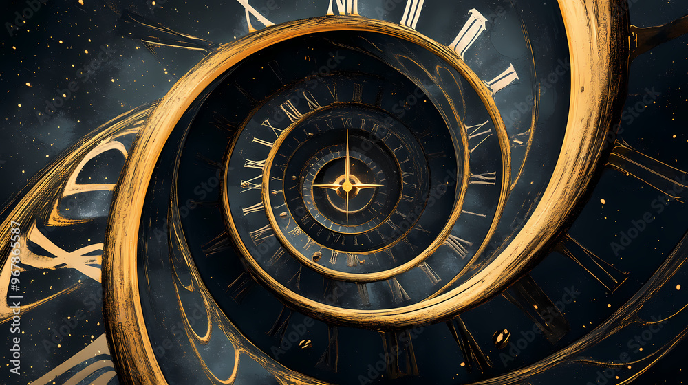 Vintage abstract infinite spiral clock face. surreal watch twisted time ...