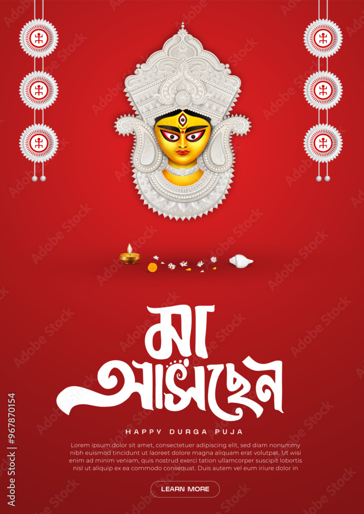 Durga puja festival flayer design in red background with goddess durga ...