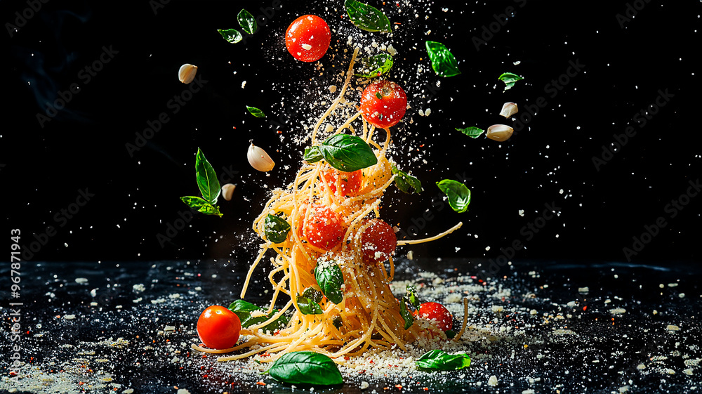 Capture a mouth-watering, dynamic explosion of spaghetti caught mid-air ...