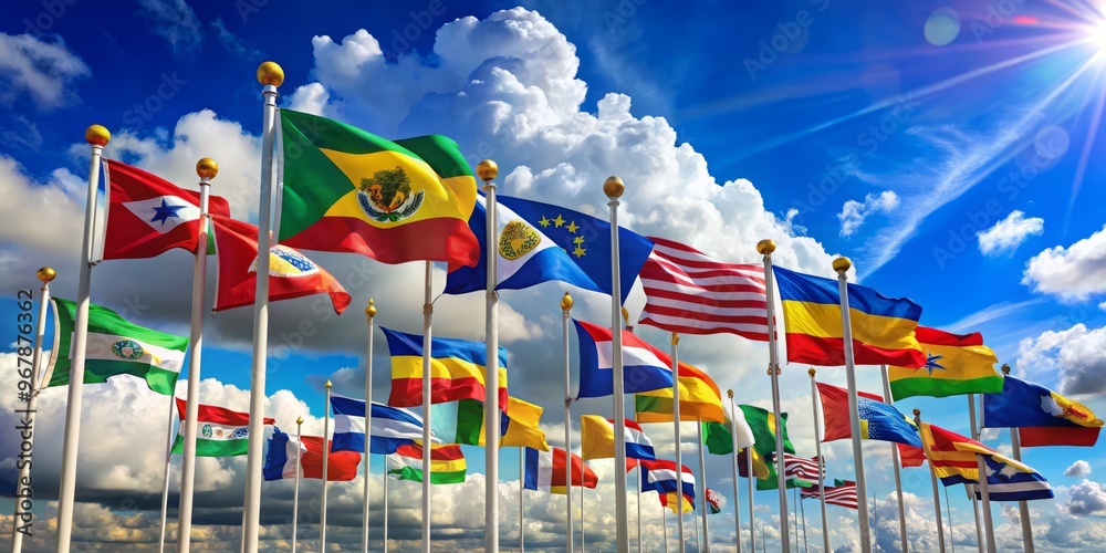 Vibrant flags of Latin American countries fluttering together in a ...