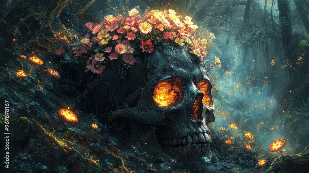 Zombie with flowers growing out of its cracked skull, surrounded by ...