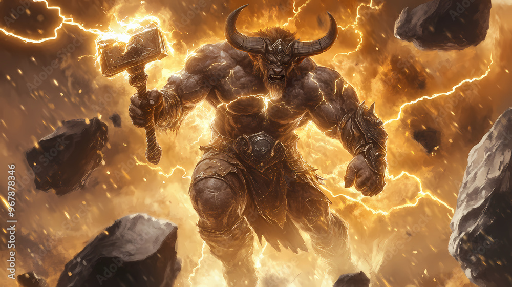 Epic fantasy illustration of a powerful minotaur warrior wielding a ...