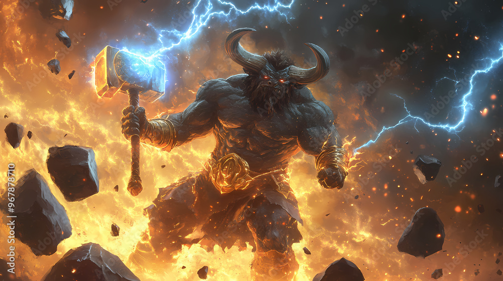 Epic fantasy illustration of a powerful minotaur warrior wielding a ...