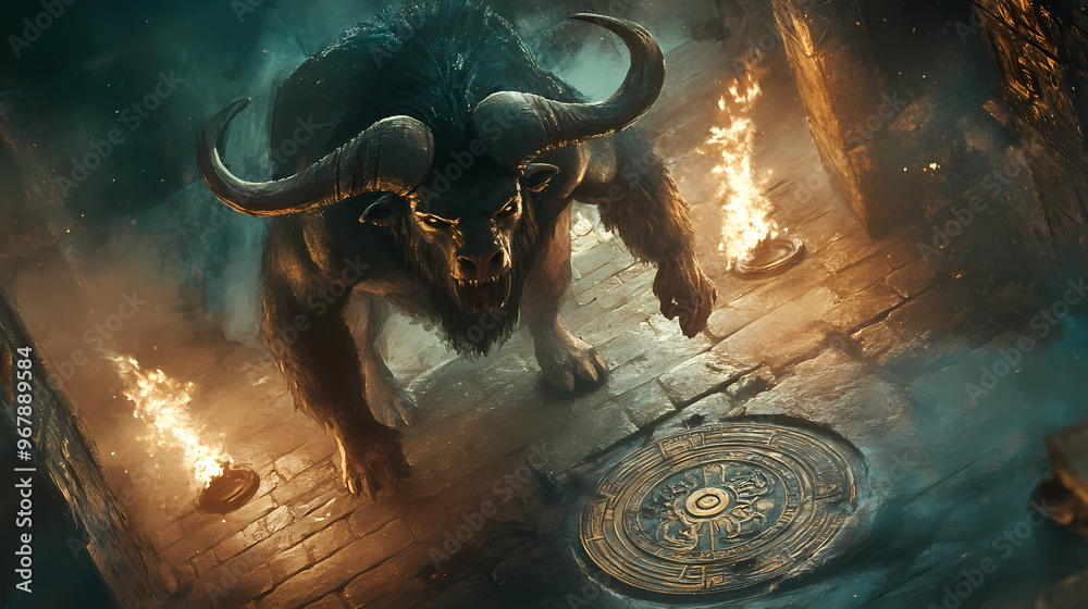 Terrifying minotaur in labyrinth, ancient runes, flickering torchlight ...