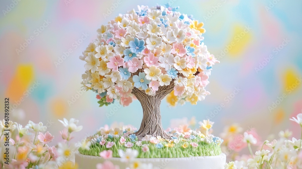 A white whole cake topped with a detailed little tree made of sugar ...