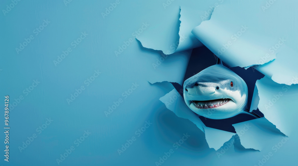 cute galapagos shark peeking through a hole in a blue paper wall Stock ...