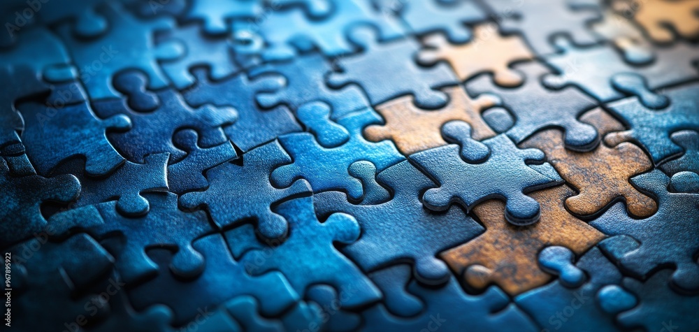 puzzle pieces assembled together with some pieces missing on light blue ...