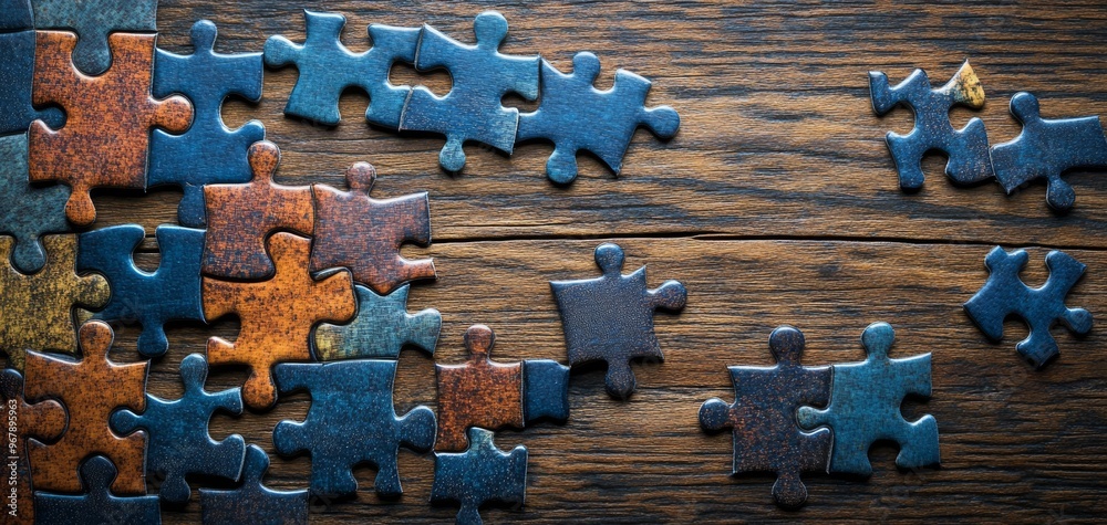 puzzle pieces assembled together with some pieces missing on light blue ...