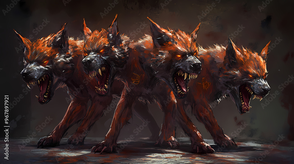 evolution of a cerberus, three-headed dog, growth stages, infernal ...