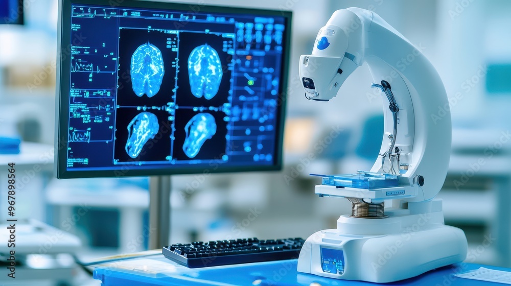 Advanced imaging technology featuring a microscope and brain scans ...