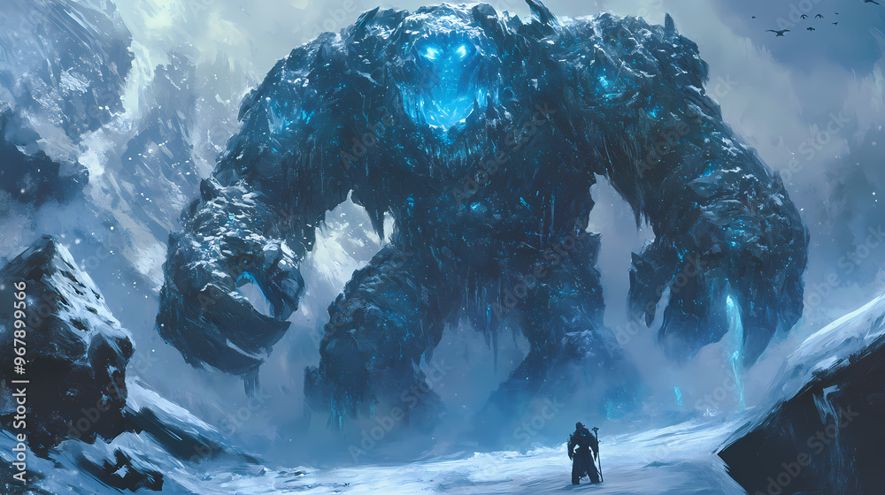 A colossal ice golem guarding a hidden portal, its eyes glowing with an ...