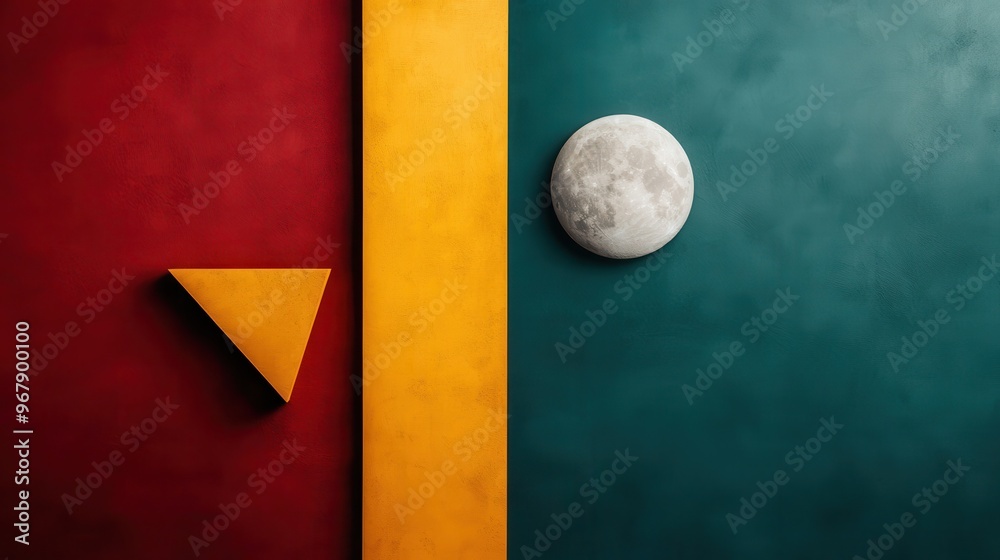Abstract composition featuring a yellow triangle, vertical yellow bar ...