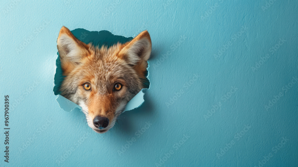 cute red wolf peeking through a hole in a blue paper wall Stock Photo ...
