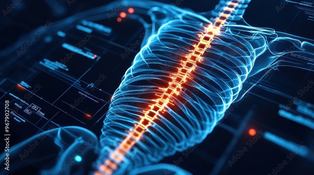 High-tech visualization of human spine anatomy with digital elements ...