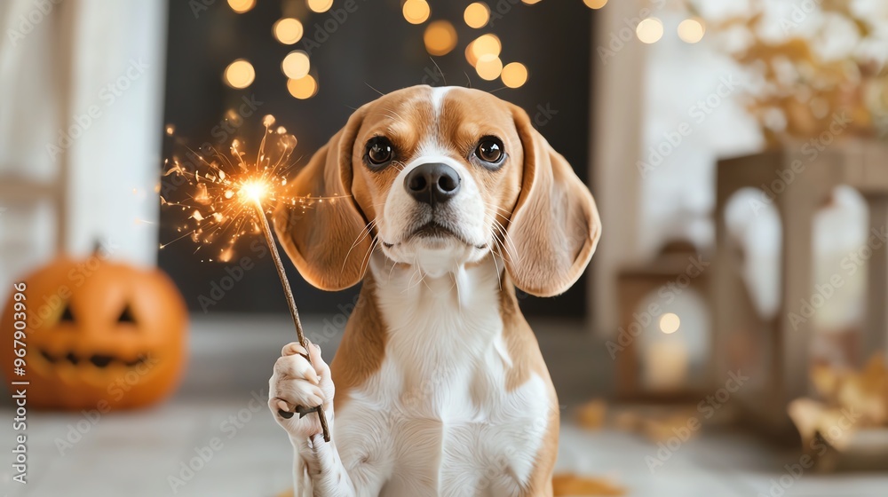 Beagle in a wizard costume casting spells with a glowing wand, wizard dog, magical Halloween pet ...