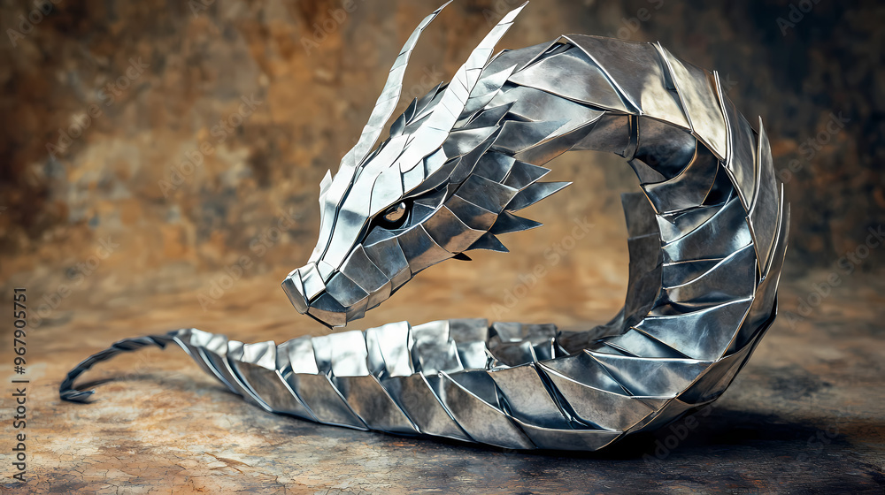 A metal origami basilisk with a coiled body and fierce eyes, the ...