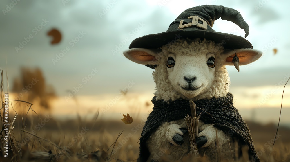 Sheep wearing a witchs hat and cape in a moonlit field, witch sheep ...