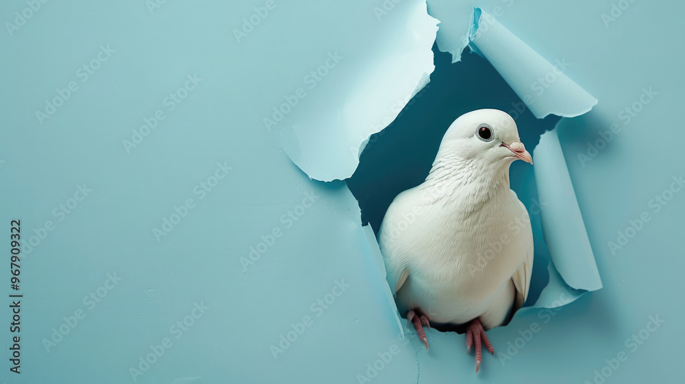 cute white dove peeking through a hole in a blue paper wall Stock Photo ...