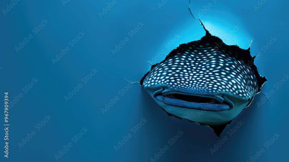 cute whale shark peeking through a hole in a blue paper wall Stock ...