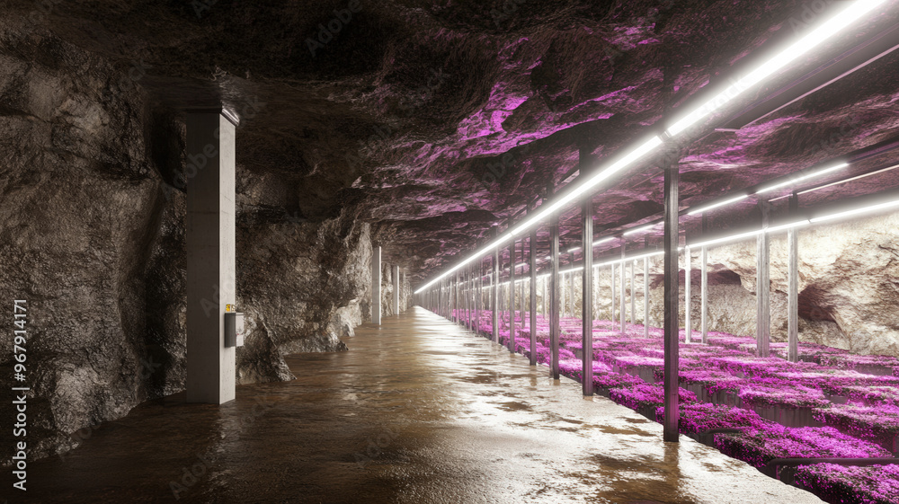 Subterranean Urban Farm with Purple LED Grow Lights in an Underground ...
