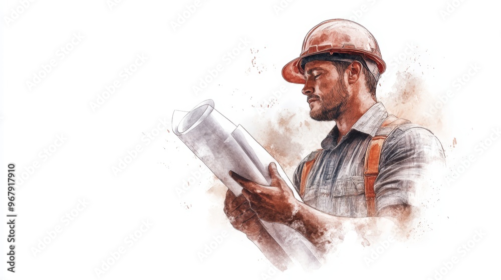 A construction worker examines blueprints, showcasing determination and ...