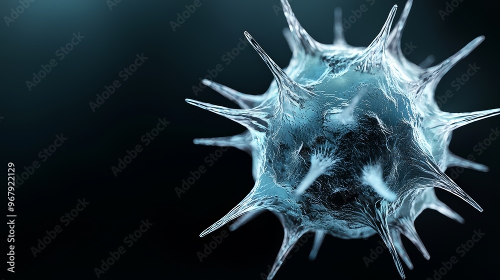A spherical bacterium with spiky appendages, floating in liquid with ...