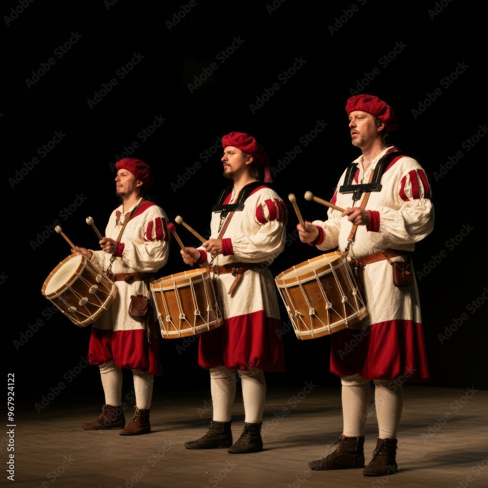 Row of three men in medieval period costume, one using a triangle, the ...