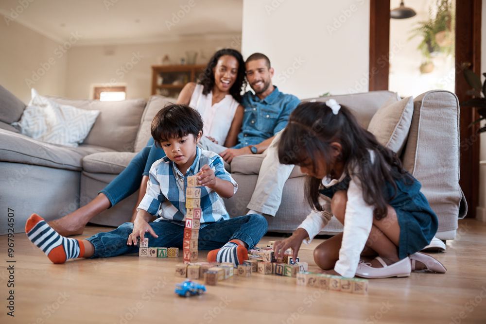 Kids, building blocks and activity in home, learning and siblings ...