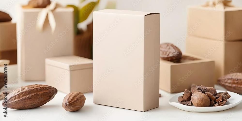 Blank cocoa packaging with cocoa pod motifs, subtle design, soft matte ...