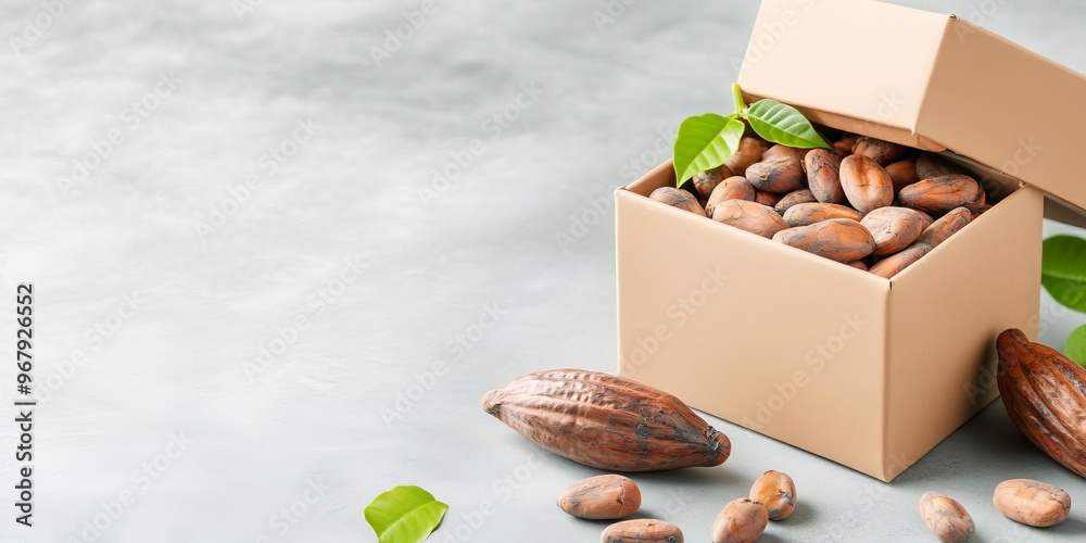Simple cocoa packaging box with cocoa elements, matte surface, beans ...