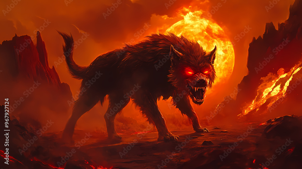 Digital artwork of a menacing hellhound with fiery eyes in a hellish ...