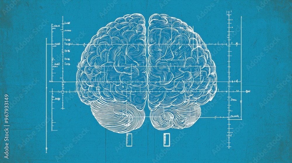 A blueprint of a human brain, where different sections are labeled with ...