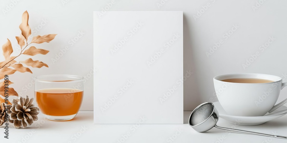 Blank tea packaging mockup displayed with a tea cup and strainer, cozy ...