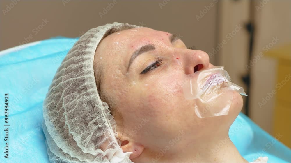 Close up of young woman activates facial expressions by moving muscles ...