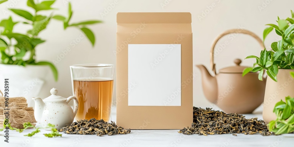 Kraft paper tea packaging mockup with blank labels, displayed on a ...