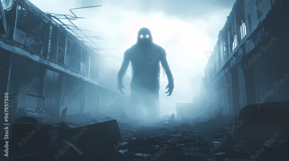 Fog-filled hospital ruins with a monstrous silhouette prowling eyes ...