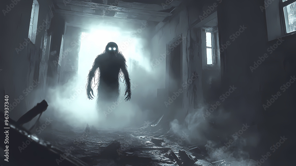 Fog-filled hospital ruins with a monstrous silhouette prowling eyes ...