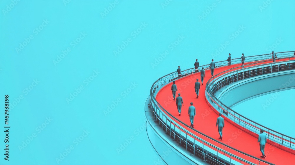 A conveyor belt with human figures stepping off at different points ...