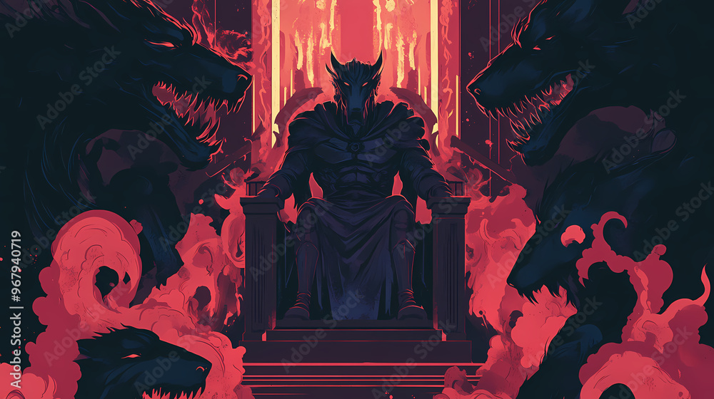 Hades in his underworld throne, with cerberus at his feet and souls ...