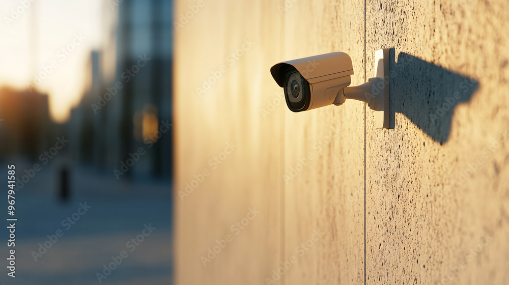 A side view of a CCTV camera mounted on an exterior wall of a ...