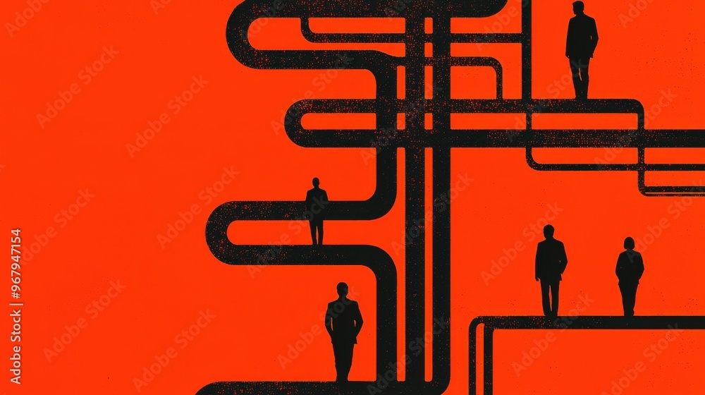 A grid-like map with abstract pathways and human silhouettes at ...