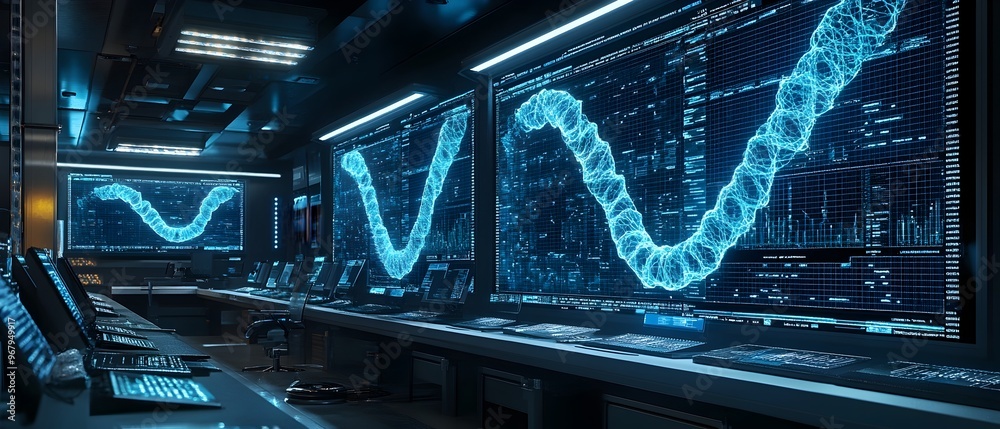 Futuristic biotech research laboratory with digital screens displaying ...